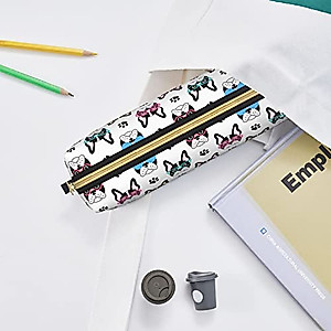 French Bulldog Dog Paw Leather Pencil Case Bag with Zipper Women Makeup Bag Durable Portable Suitable for School Work and Office 8.3 x 2.2 In