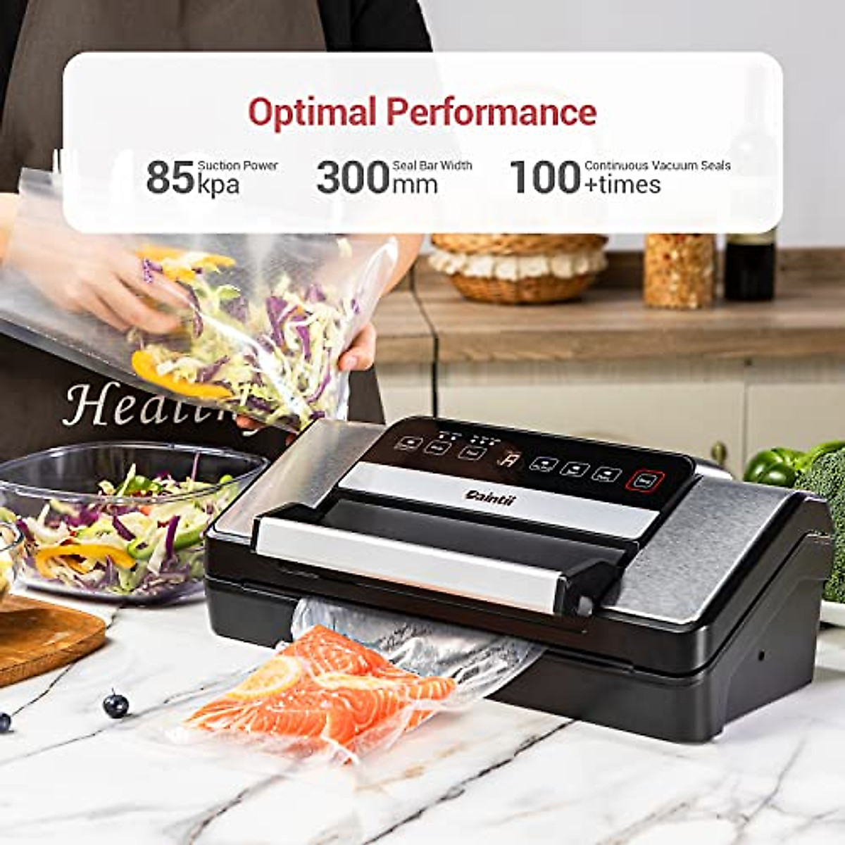 Daintii Deluxe Food Vacuum Sealer Machine, 85Kpa High Performance Vacuum Sealing System with Easy-lock Handle, Built-in Storage & Bag Cutter, Included Starter Kit, Safety Certified, Stainless Steel