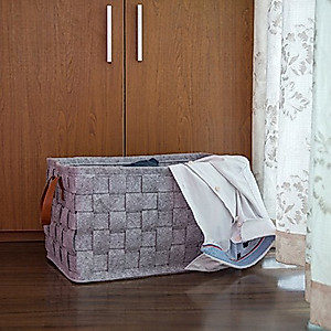 Felt Storage Baskets Organizer, Home Decoration Fabric Folding Knitted Organizers Box Cubes with Leather Handles (Rectangle-Lightgary)