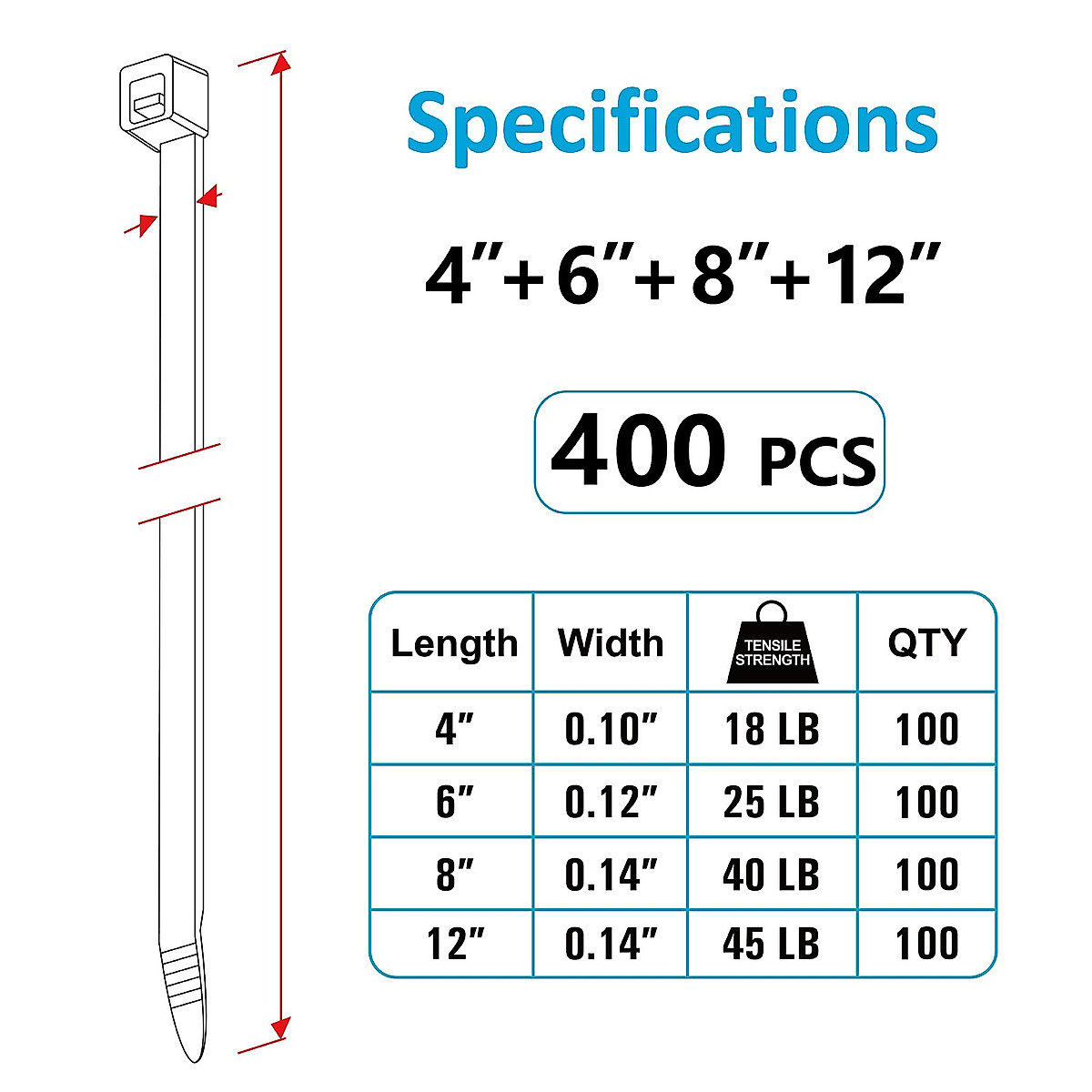 Zip Ties Assorted Sizes(4”+6”+8”+12”), 400 Pack, Black Cable Ties, UV Resistant Wire Ties by ANOSON