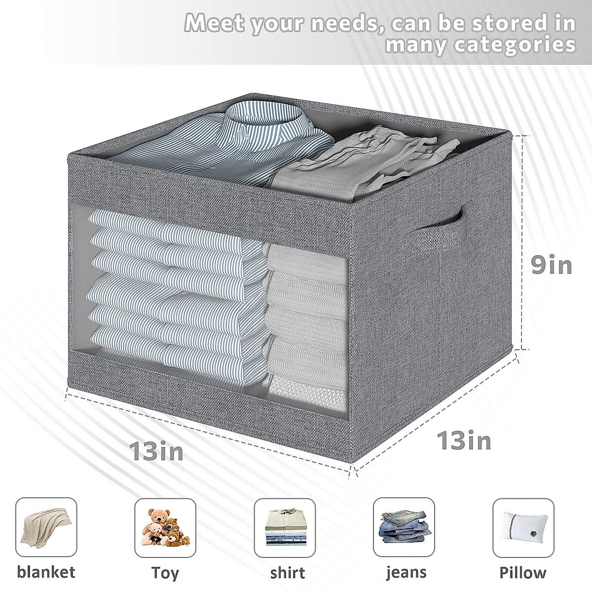 3 Pack Closet Storage Bins with Clear Window - Foldable Storage Cubes with Handles Clothing Baskets for Shelves Large Fabric Closet Organizers and Storage Bins for Clothes, Toys, Book (Gray 3pcs)