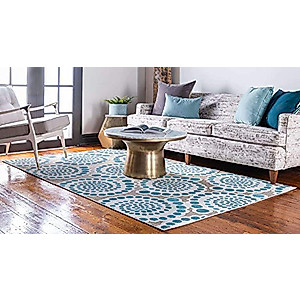 Unique Loom Modern Collection Geometric, Contemporary, Circles, Swirls, High-Low Pile, Indoor and Outdoor Area Rug, 7 ft x 10 ft, Ivory/Teal