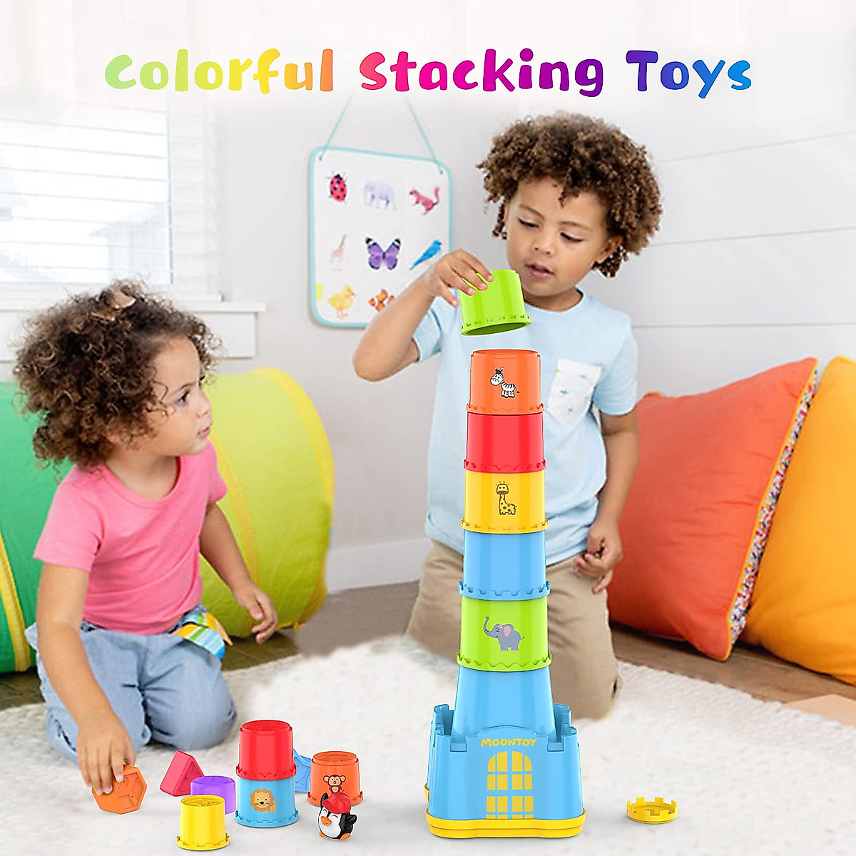 MOONTOY Stacking Cups Baby Toy Set, 19pcs Baby Stacking Toys for Toddlers 1-3, Shape Sorter Stackable Blocks Games Nesting Sorting Toys 6-12 Months 1 Year Old Christmas Stocking Stuffers Birthday Gift