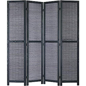 MyGift 4-Panel Bamboo Woven Wood Room Divider Privacy Folding Screen Partition with Dual-Action Hinges, Gray