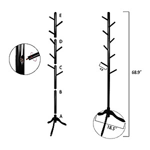 YEVONNIE Coat Rack Free Standing, Solid Wood Coat Stand, Hall Coat Tree with 8 Hooks for Coats, Hats, Bags, Purses, for Entryway, Hallway, Rubberwood (BLACK)