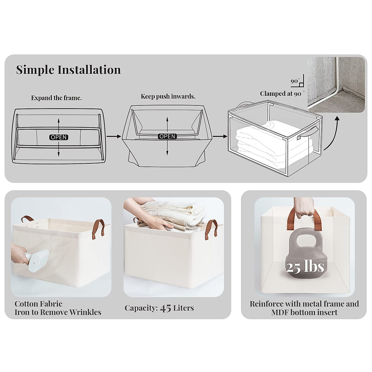 StorageWorks 45L Extra Large Fabric Storage Bins with PU Handles 2-pack, 32L Decorative Storage Bins for Shelves 3-pack,