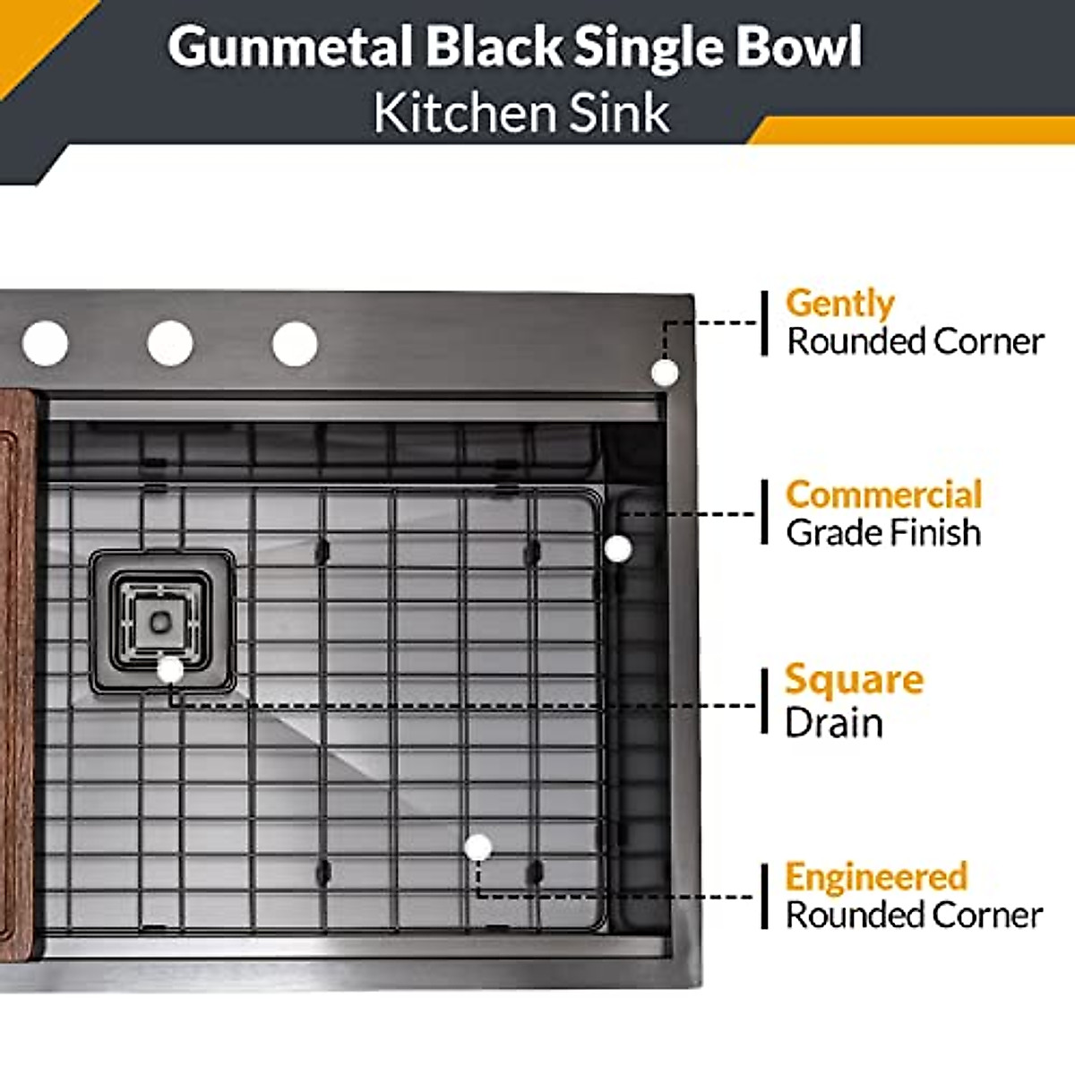 Strictly Sinks 33” Topmount Kitchen Workstation Sink-Gunmetal Black Single Bowl 16 Gauge Stainless Steel Drop In Sink, Acrylic Cutting Board,Cutting Board with Strainer Bowl & Bottom Protector Grid