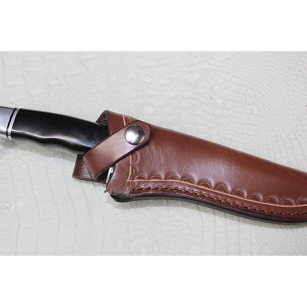 CARL THOMAS LEATHERS Custom Leather Vertical Knife Sheath Made to fit a Buck 119, Fixed Blade Knife Holder, Dyed Dark Brown