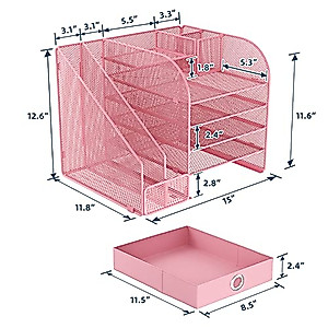 JAFUSI Mesh Desk Organizer with File Holder Magazine Holder,5-Tier Paper Letter Tray Organizer with Pen Holder,Desktop File Organizer with Drawer,10 Sections Suit for Home School Office Supplies