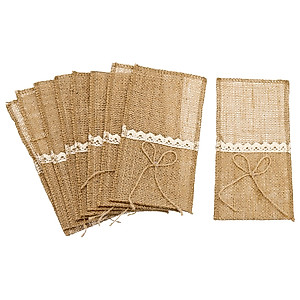 uxcell Burlap Lace Utensil Holders, 10Pcs Knife Forks Napkin Silverware Holder Bag Cutlery Pouch for Wedding Table Decoration