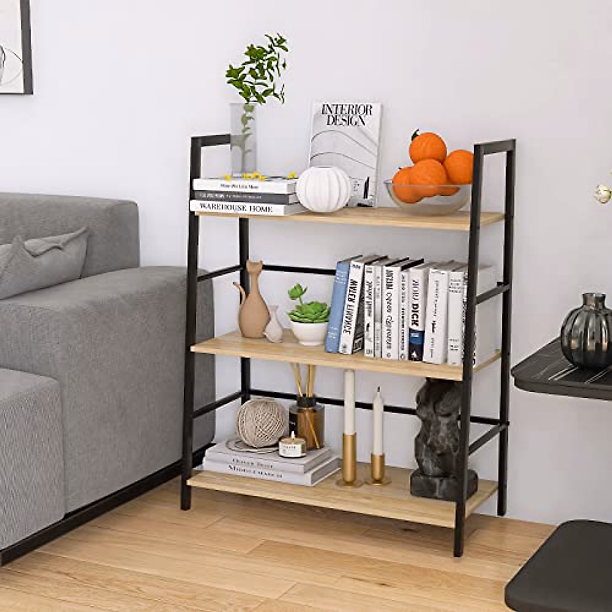 SpringSun 4 Tier Bookshelf Industrial Ladder Shelf Open Display Storage Rack Wood Bookcase with Metal Frame, Freestanding Storage Shelves for Home Office, Living Room, Bedroom, Kitchen