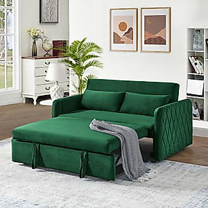 JEEOHEY 3 in 1 Convertible Sleeper Sofa Couch with Pull Out Bed,55" Modern Velvet Sofa Bed with Ajustable Backrest & Side Pocket,Tufted Loveseat Chaise Lounge for Livingroom,Office,Small Palces(Green)
