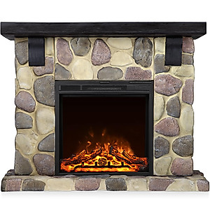 R.W.FLAME Electric Fireplace Mantel Package, 48 inch Freestanding Stone Fireplace Heater TV Stand with Remote Control, 7 Flame Brightness Settings, 750W/1500W,New