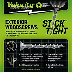 Velocity Exterior 2 Inch Wood Screws Contractor Pack (Size #8) – Stick Tight Technology, Made with Carbon Steel, Includes Hexstix Bit & Storage Organizer Fence Screws for Wood (450 Pieces)