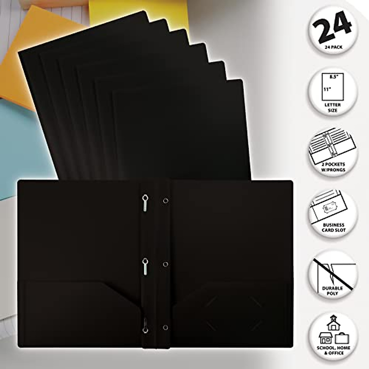Better Office Products Black Plastic 2 Pocket Folders with Prongs, Heavyweight, Letter Size Poly Folders, 24 Pack, with 3 Metal Prongs Fastener Clips, Black