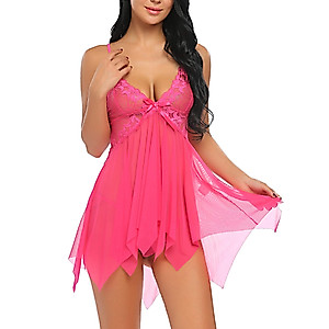 Avidlove Women Lingerie Lace Babydoll V Neck Sleepwear Strap Chemise Rose Red L