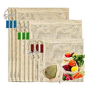 Reusable-Cotton-Mesh-Produce-shopping-Bags-Washable Eco Friendly Premium See Through Lightweight Net zero Bulk Bags for Veggie Fruit Vegetable Grocery Storage ( 9 Packs )