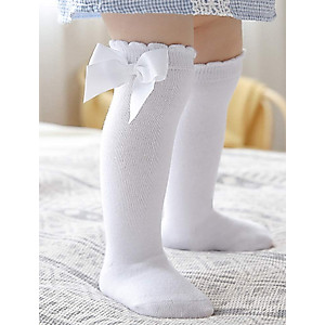 Maorrew 2 Pack Baby Girls Knee High Socks Bow Long Stockings Infants Toddlers Cotton Ruffled Uniform Leggings White 2 Pack 3-5T