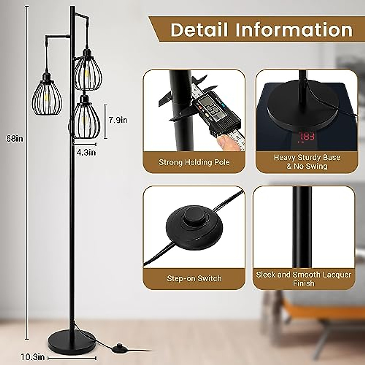 HIHUOS Dimmable Floor Lamp for Living Room - Retro 68" Tall Standing Tree Lamps for Bedroom - Black Farmhouse Pole Stand Up Lamps for Office Home [Upgraded]