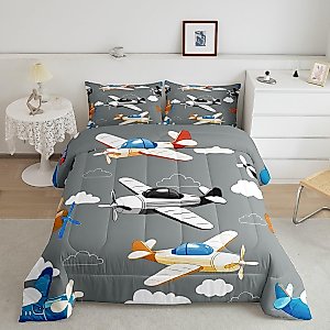Feelyou Cartoon Airplane Comforter Set Twin Size Kids Multicolored Plane Flying Bedding Set Grey Comforter Cloud Pattern Quilt Set with 1 Pillow Case
