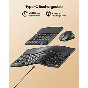ProtoArc Ergonomic Keyboard Mouse, EKM04 2.4GHz Wireless Ergo Keyboard Mouse Combo, Separate Numeric Keypad, Split Design, Wrist Rest, Rechargeable, for Desktop, PC, Laptop, Windows