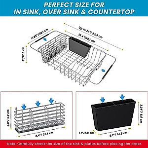 KESOL Over The Sink Drying Rack, Expandable Dish Rack with 2 Utensil Holders (1 Plastic & 1 Steel), 304 Stainless Steel Drying Rack for Kitchen Sink with Anti-Scratch Base, Rustproof Dish Drainer