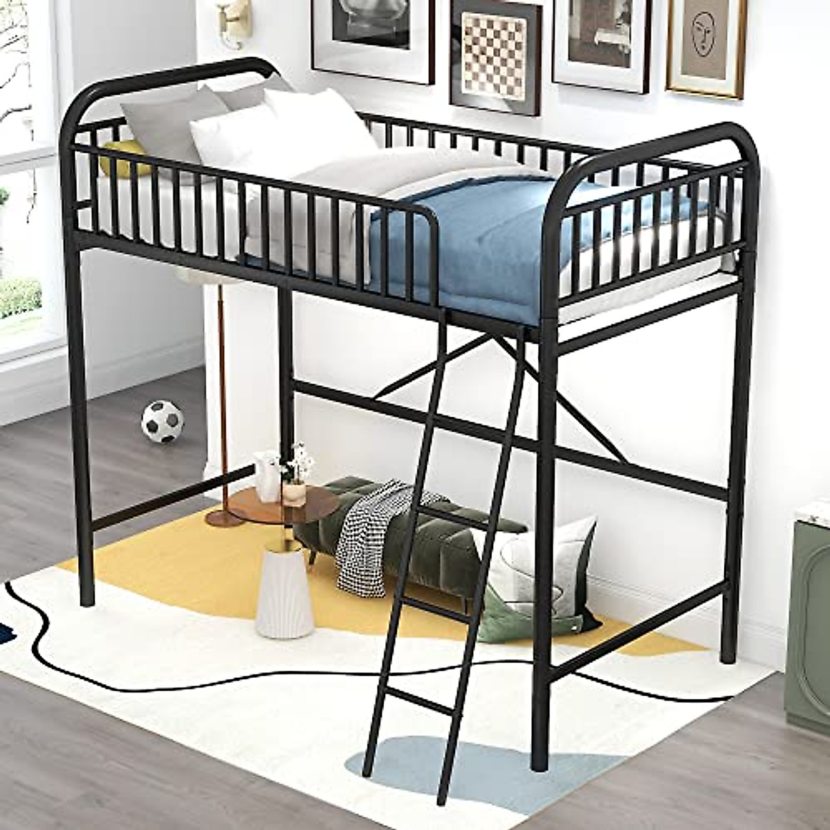 GINGVAT Twin Size Metal Loft Bed with Ladders/Full-Length Guardrails, Modern Style Study/Play Area, No Box Spring Needed, Black