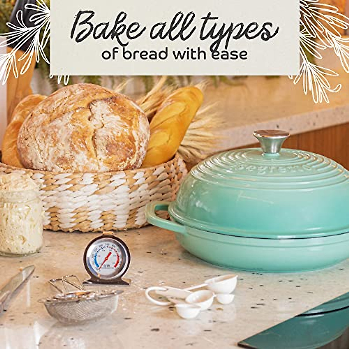 Enameled Cast Iron Bread Pan with Lid 11” Green Bread Oven Cast Iron Sourdough Baking Pan, Dutch Oven for Bread, No Seasoning Needed-Segretto Cookware