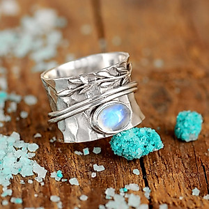 Boho-Magic 925 Sterling Silver Leaf Spinner Fidget Ring for Women with Moonstone Gemstone (9)