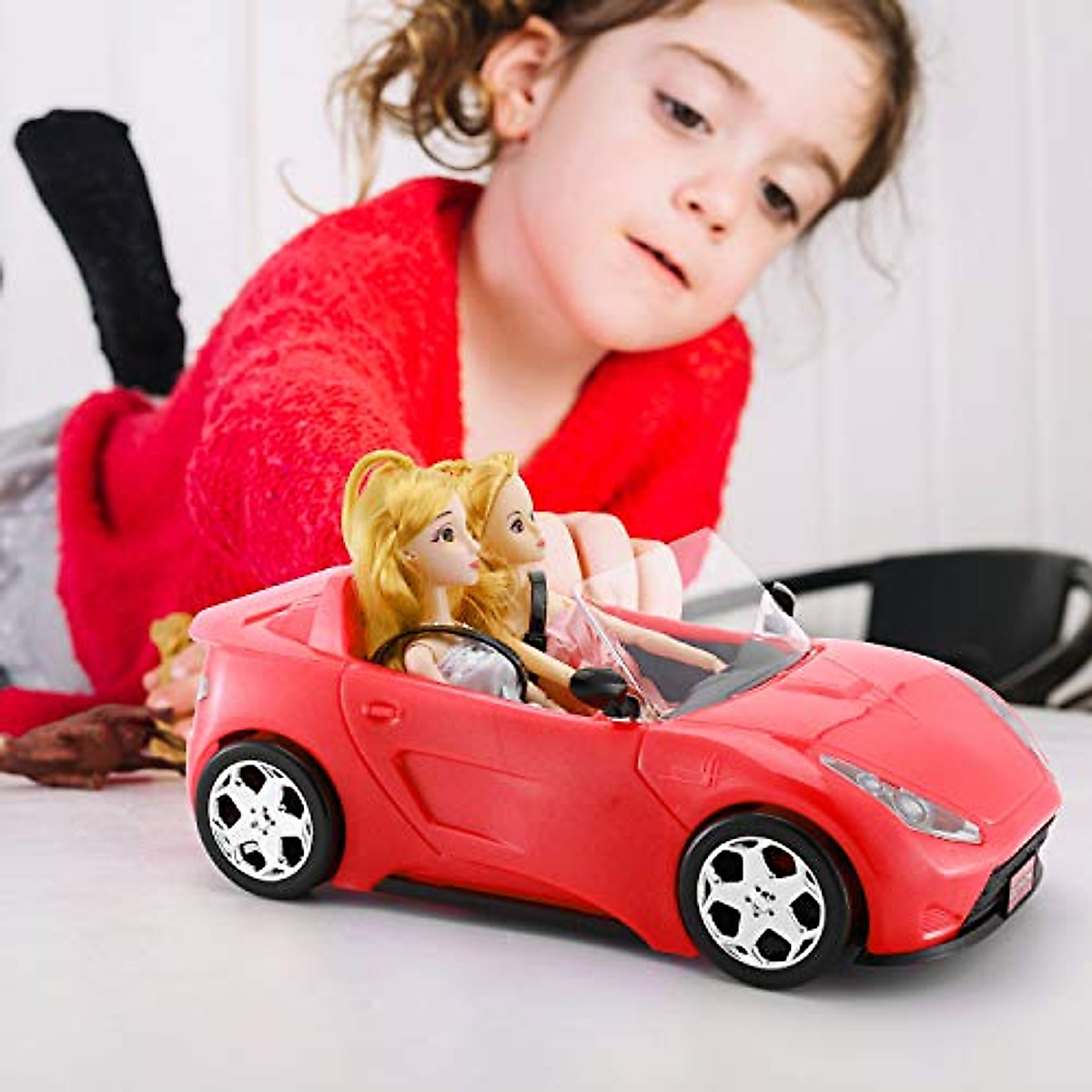 Convertible Car for Dolls, Glittering Deep Red Convertible Doll Vehicle with Working Seat Belts Ideal Gift Increase Children's Fun