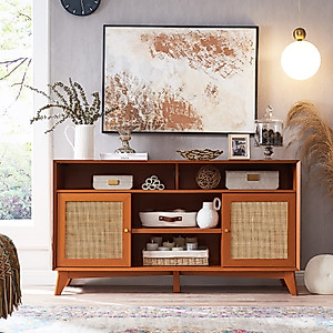 OKD TV Stand for 65+ Inch TV, 32'' Tall Highboy Entertainment Center, Mid Century Modern Media TV Console with Natural Rattan Door, Adjustable Shelves, Boho Television Stand, Cherry