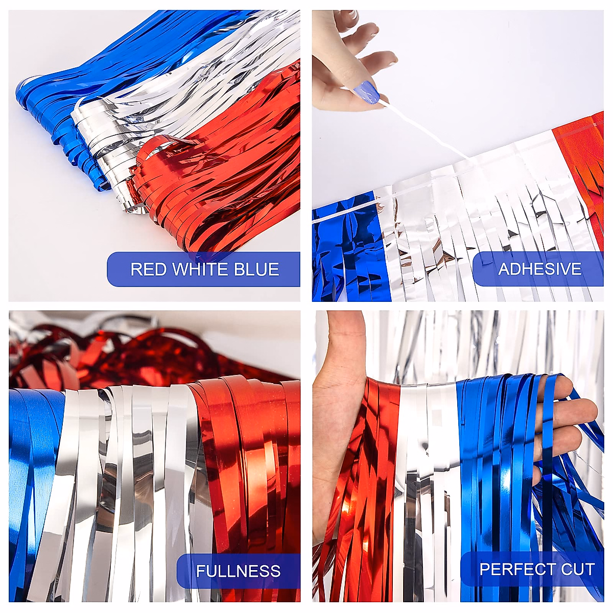 LOLStar 4th of July Decorations,Red White Blue 3 Pack America Tinsel Foil Fringe Curtains,4th of July Photo Booth Prop Streamer Backdrop for Independence Day,Memorial Day,Labor Day Patriotic Party