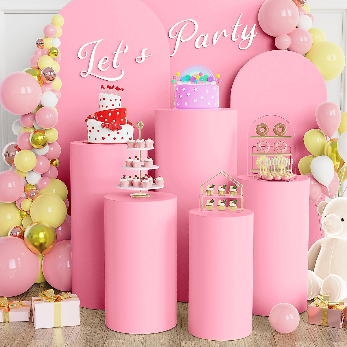 Putros Spandex Cylinder Pedestal Covers Pink Set of 5 Cylinder Plinth Stand Cover for Wedding Props Birthday Party Event Decor