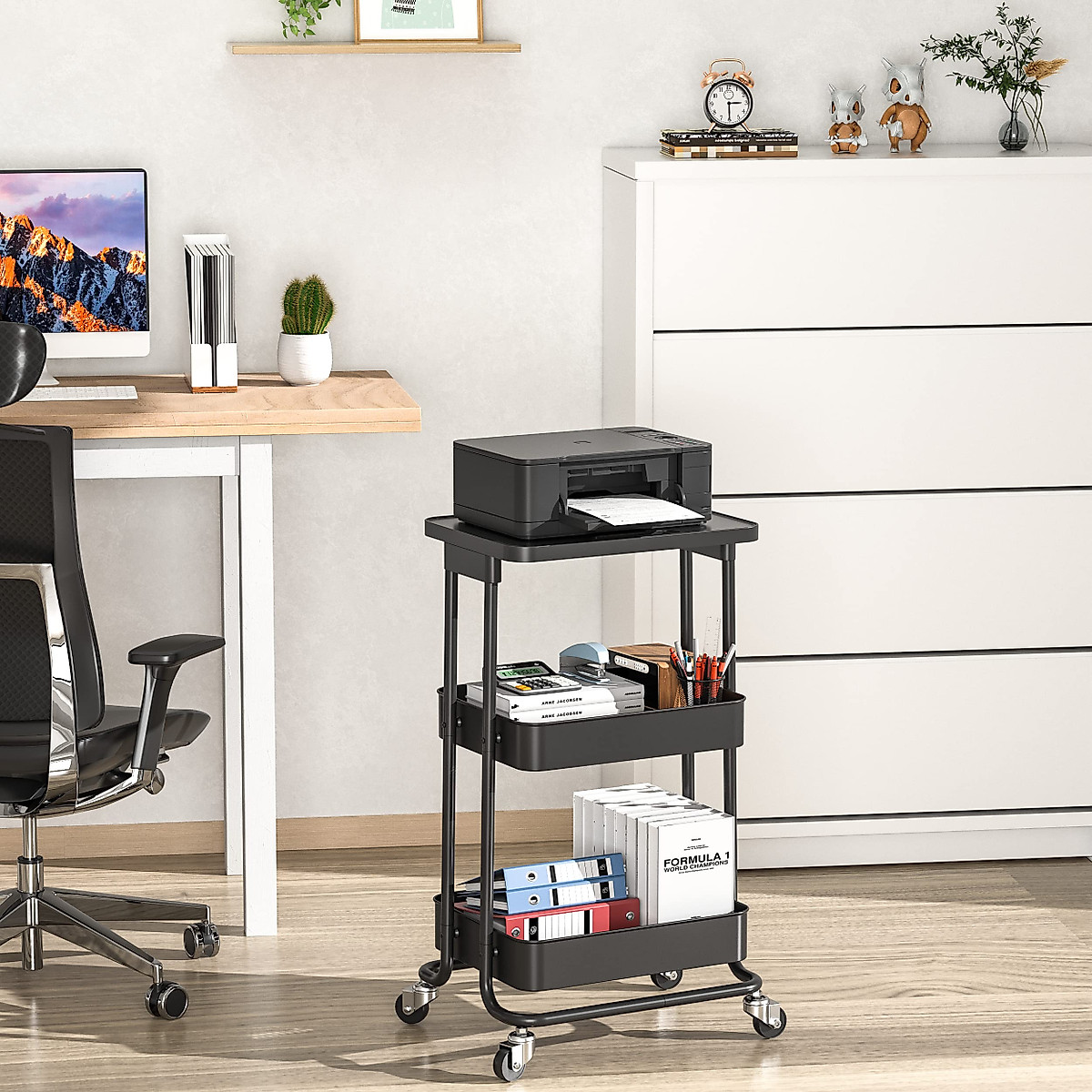 TOOLF 3-Tier Metal Rolling Storage Cart with Tabletop, Utility Rolling Carts with Wheels,Trolley Organizer with Handle for Library Office Classroom Home Bedroom, Black