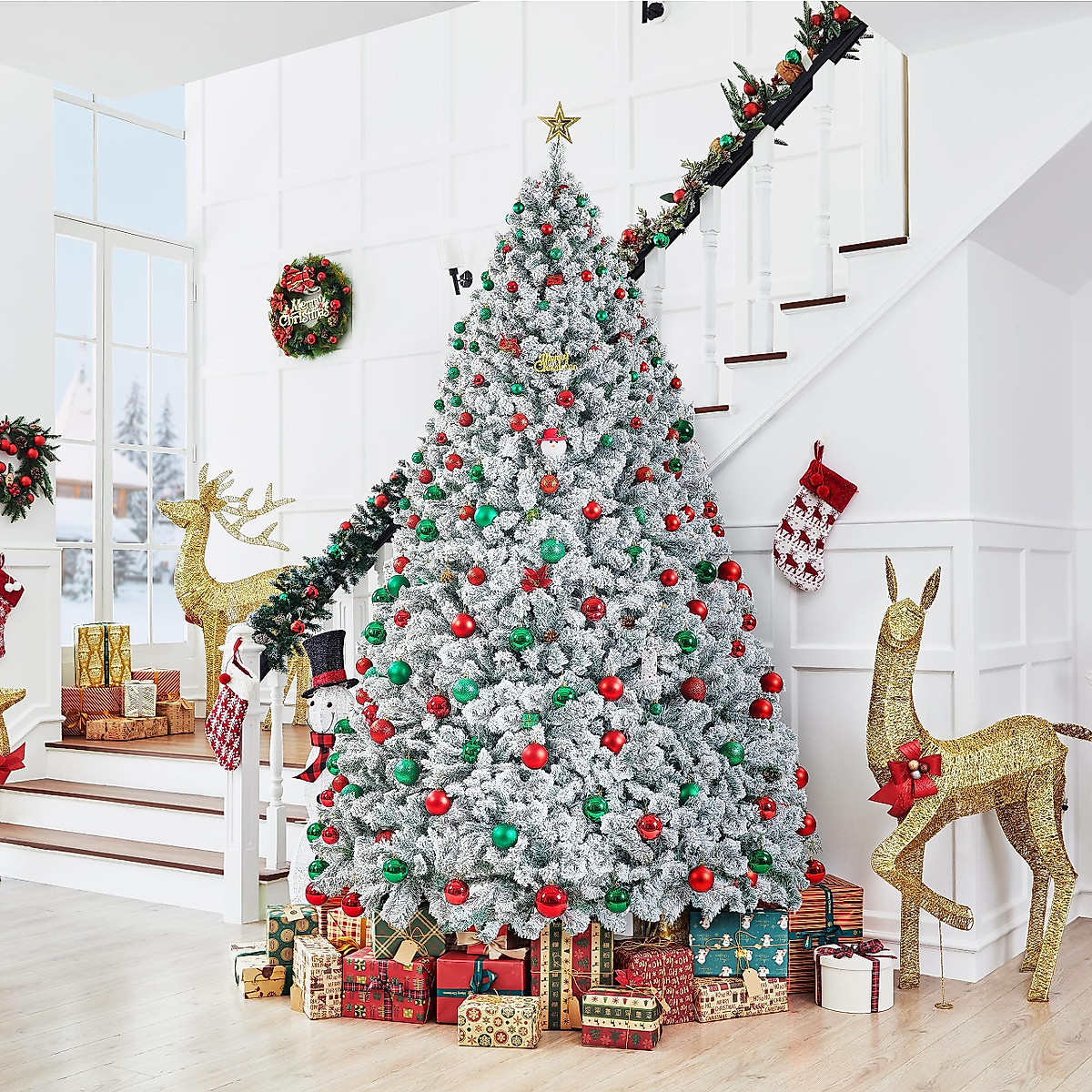 Yaheetech 9ft Premium Snow Flocked Hinged Artificial Christmas Fake Spruce Full Tree for Home Office Party Decoration with 2108 Branch/PVC Tips/Foldable Stand