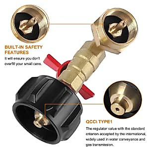 BouPower QCC1/Type1 Propane Refill Elbow Adapter with ON-Off Control Valve & 2pcs Refill 1 LB Propane Bottle Caps for Camping Grill 1lb Propane Gas Bottle Tank from 5-40LBS Cylinder