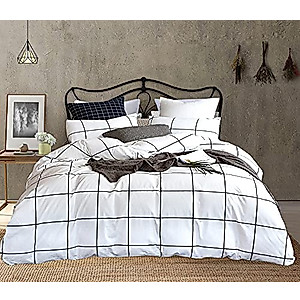 KAREVER White Grid Comforter Set Big Grid Bedding Set Twin Cotton White with Black Plaid Printed Stripes Women Checkered Comforters Bedding Set Girls White Grid Bed Blanket Set White Plaid Comforter