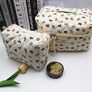BILIPOPX 3 Pack Kawaii Cute Makeup Bag Bear Aesthetic Travel Quilted Cotton Cosmetic Bag Organizer Toiletry Pouch for Women Teen Girls (Bear Flower)