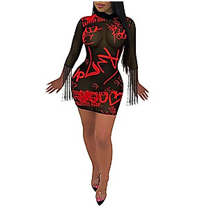 Uni Clau Women Sexy Mini Mesh Sheer See Through Dresses Tassel Long Sleeve Letter Print Bodycon Party Dress Red XL