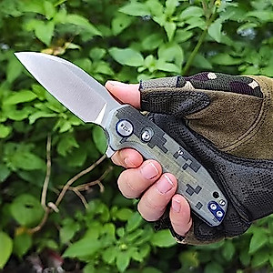 WIN+ Pocket Knife, Folding Knife with Button Lock, EDC Knife with Axis Lock and Ball Bearing, D2 Tactical Knife with G10 Handle, Survival Knives for Camping W3435 (B-Camo-G10)
