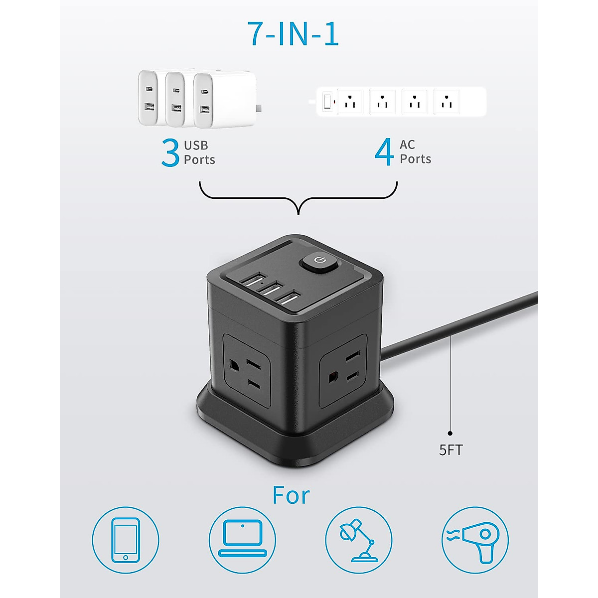 Power Strip with USB, FDTEK Flat Plug Extension Cord with 4 AC and 3 USB, 5 FT Power Cord Desktop Charging Station, Overload Protection, Compact Portable for Travel Home Office Cruise Ship - Black