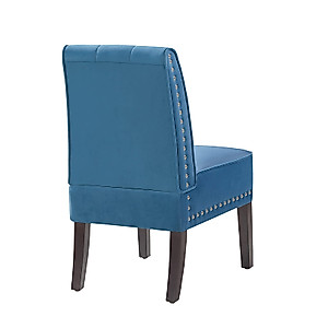 Blue Velvet Dining Chairs, DRM'SCUUM Comfy Dining Room Chairs, Soft Blue Velvet with Fabric Buttons and Nails, Rubber Wood Legs, for Kitchen, Home and Coffee Decor Accents