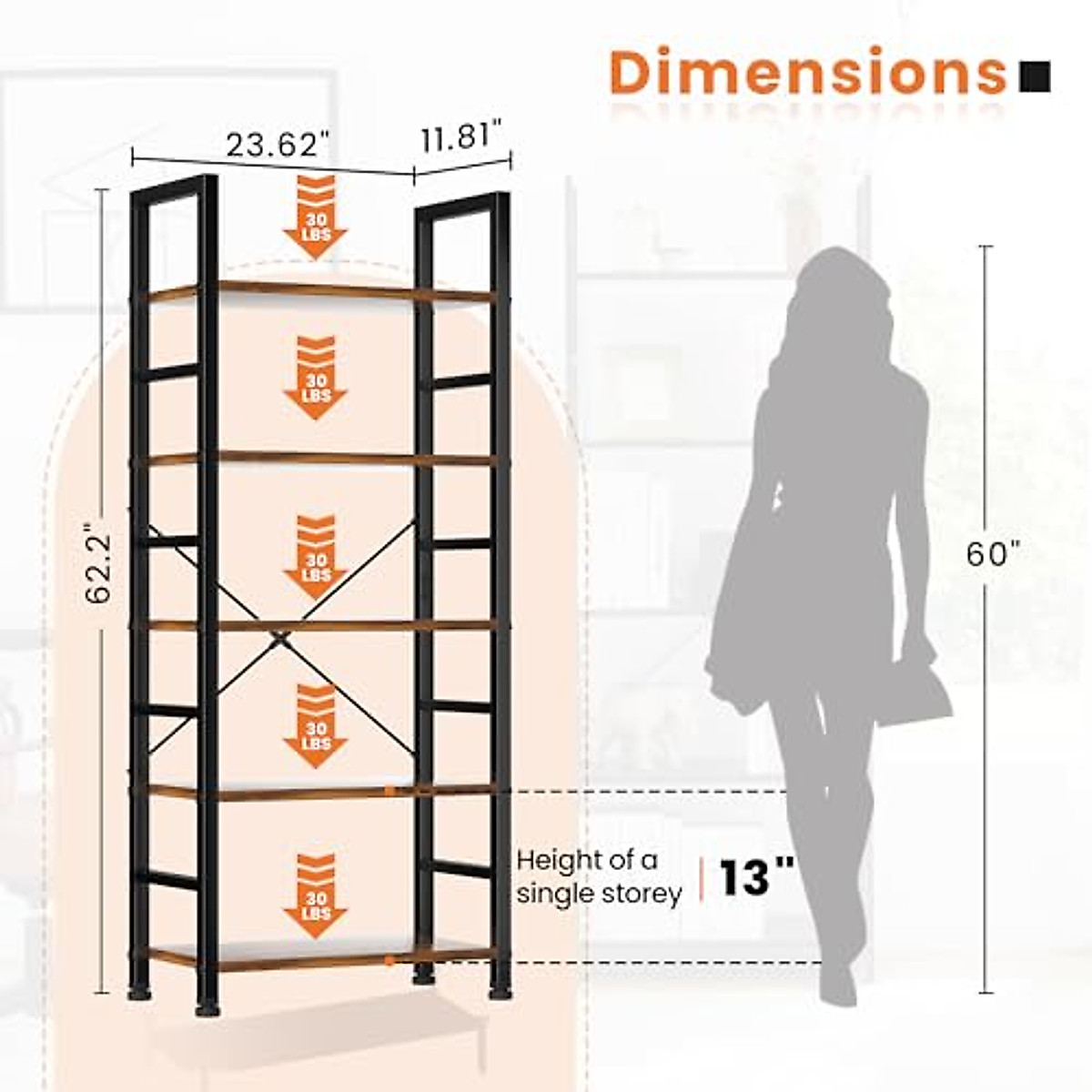 Sweetcrispy Book Shelf, 5 Tier Bookcase, Tall Bookshelf Modern Book Case for Books, Garage Kit, CDs, Movies, Industrial Corner Storage Organizer for Bedroom Home Office Kitchen Living Room Rust Brown