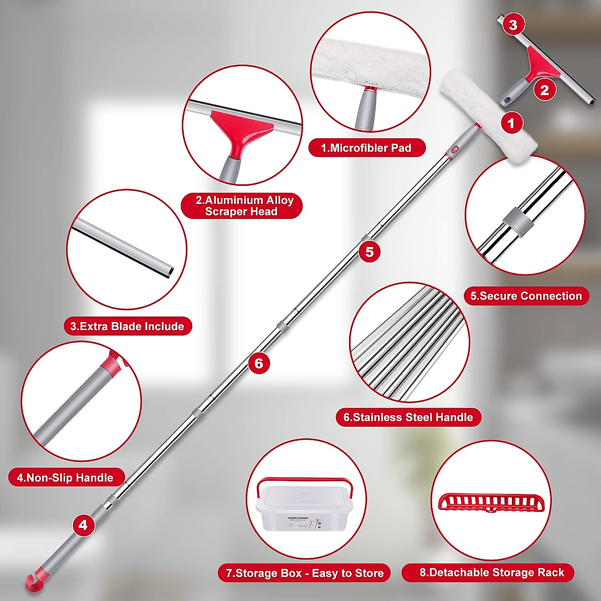 ZNM Window Cleaning Squeegee Kit, 2 in 1 Window Washing Kit with 62'' Extension Pole & Window Cleaner Tool, Professional Window Squeegee for Home Shower Mirror Car Glass Indoor & Outdoor