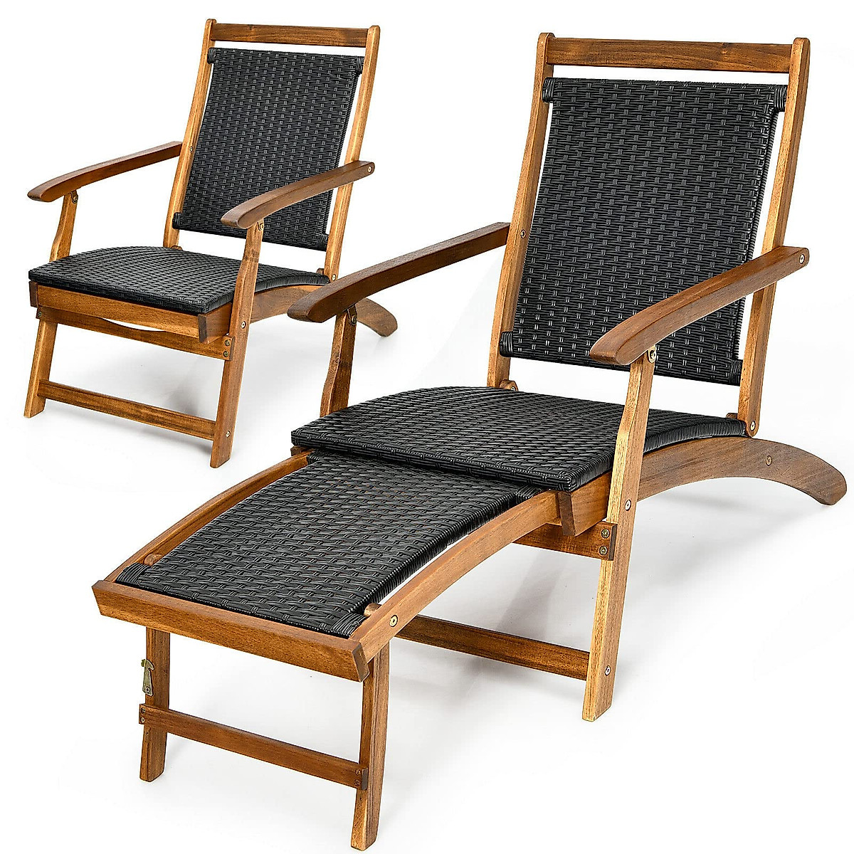 2PCS Outdoor Patio Folding PE Rattan Lounge Chair Chaise Lounge Deck Chair Recliner Sunbathing Bed Retractable Footrest Flexible Transformation Between Lounge Chair to Armchair Ergonomic Backrest