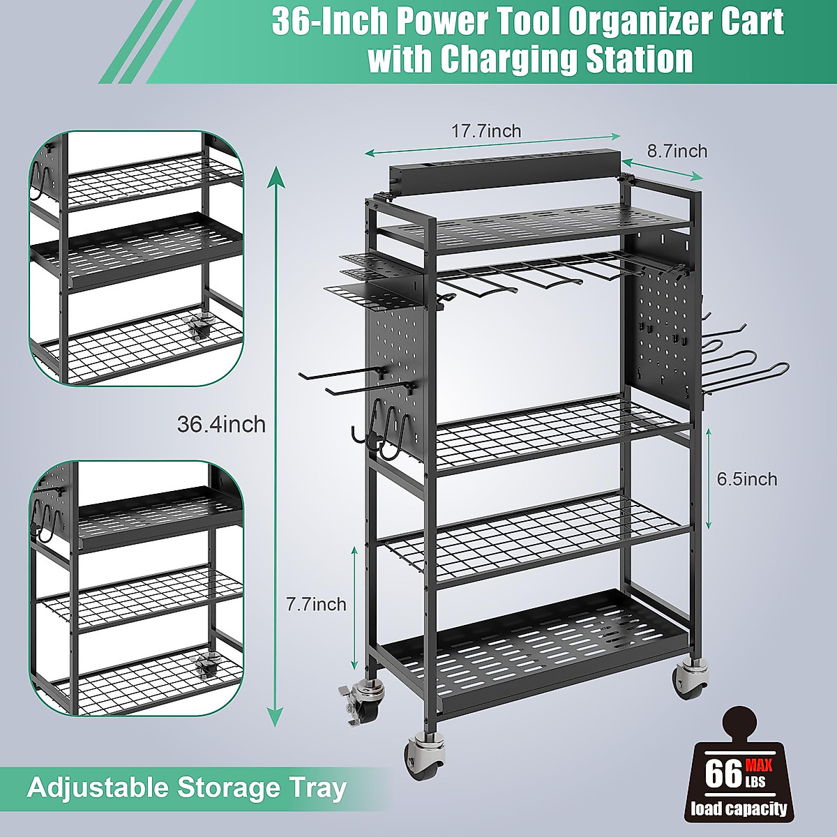 Sttoraboks Power Tool Organizer Cart with Charging Station, Garage Floor Workshop Rolling Storage Cart on Wheels for 6 Mobile Drill, Mechanic, Power Tool Box Utility Cart with Battery Charging, Black