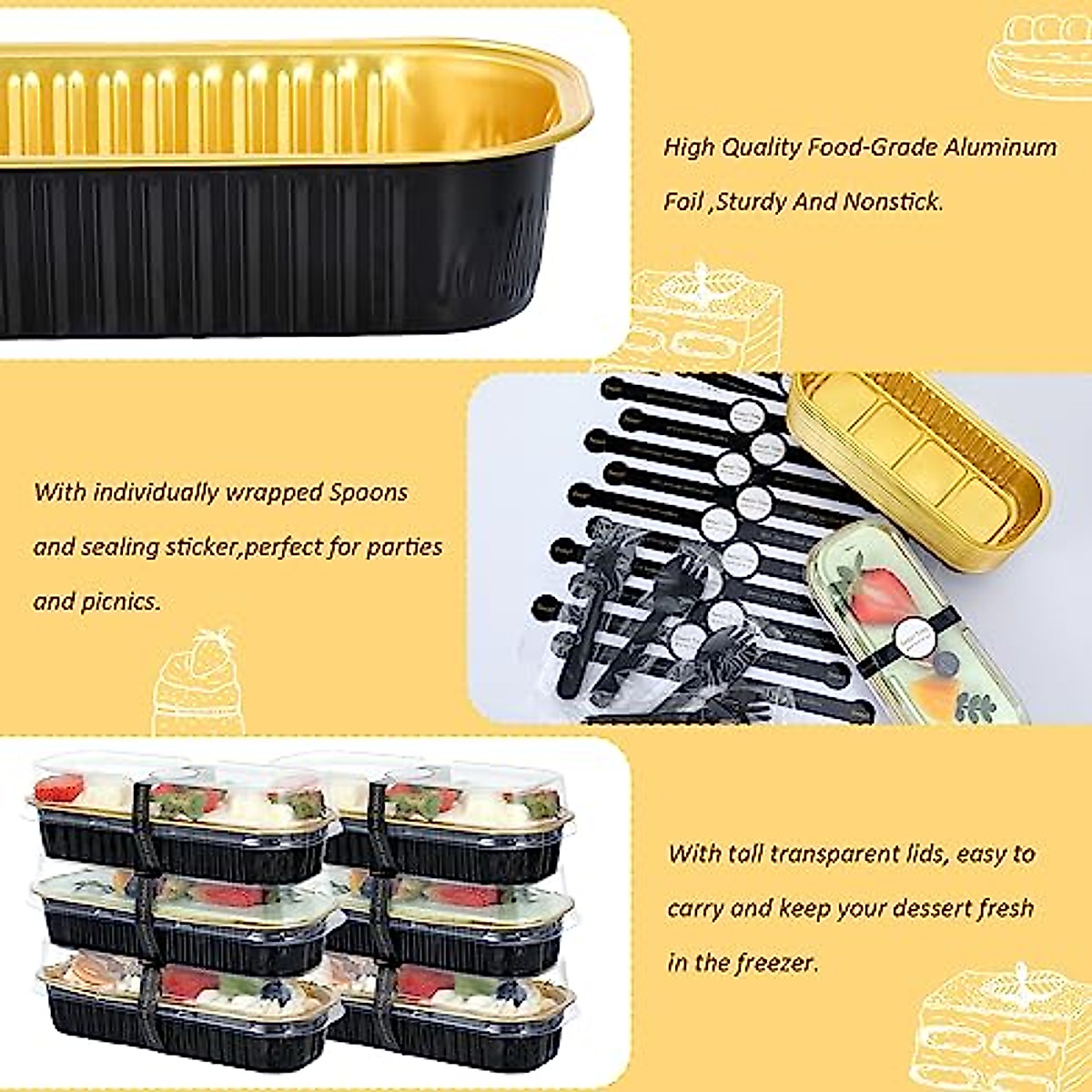 JuneHeart Mini Loaf Pans with Lids and Spoons, 100 Pack, Black, 6.8oz, Rectangular Aluminum Foil Baking Pans