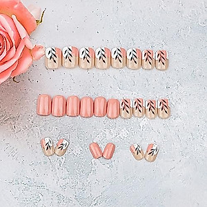 24 Pcs Pink Short Press on Nails Square Fake Nails Summer Leaf Designs Glossy Glue on Nails with Design Full Cover False Nails White Artificial Acrylic Nails Stick on Nails for Women DIY Manicure
