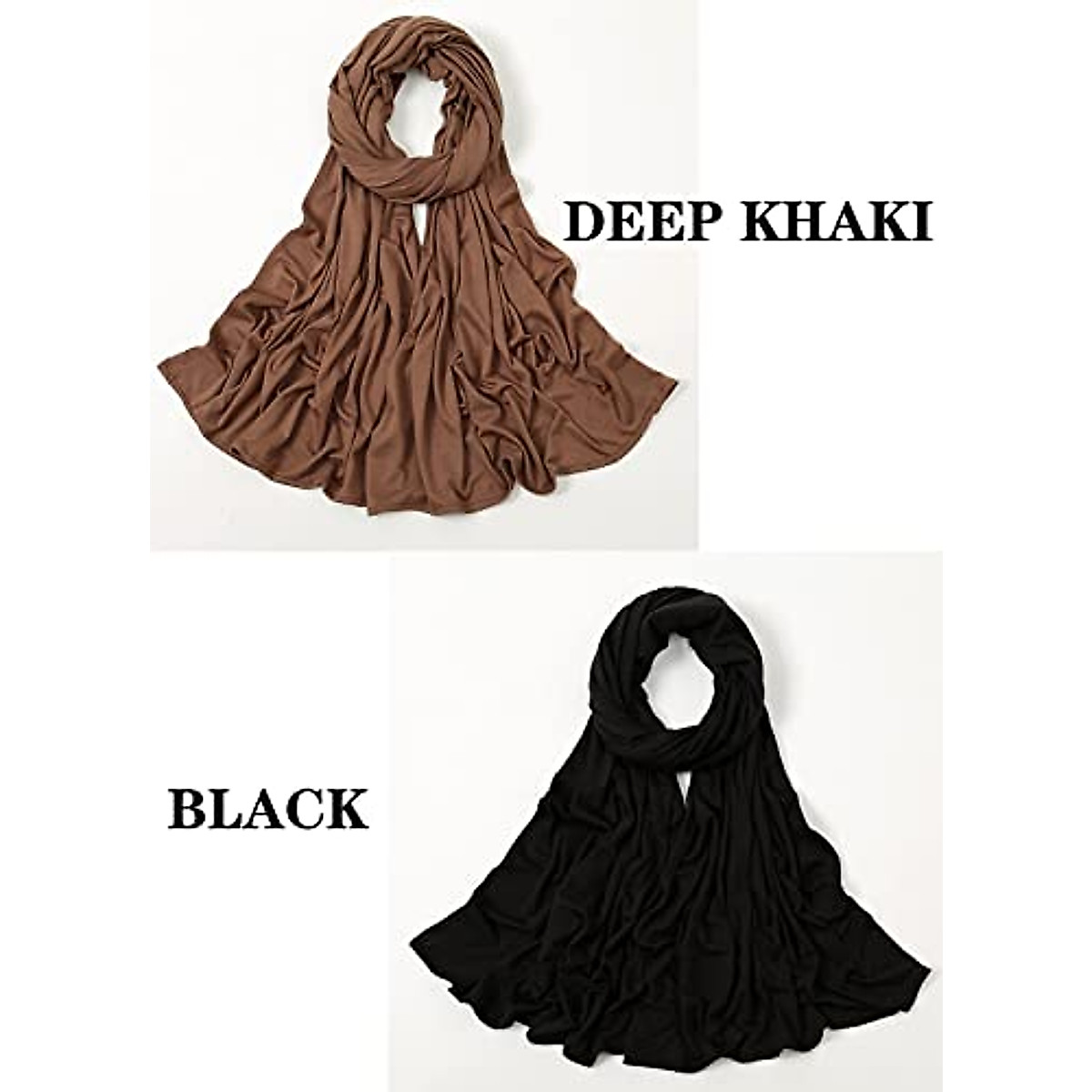 ENSTILER 2PCS Solid Color Jersey Hijab Lightweight Soft Muslim Head Scarf Long Scarf Wrap Scarves for Women (Black, Deep khaki)