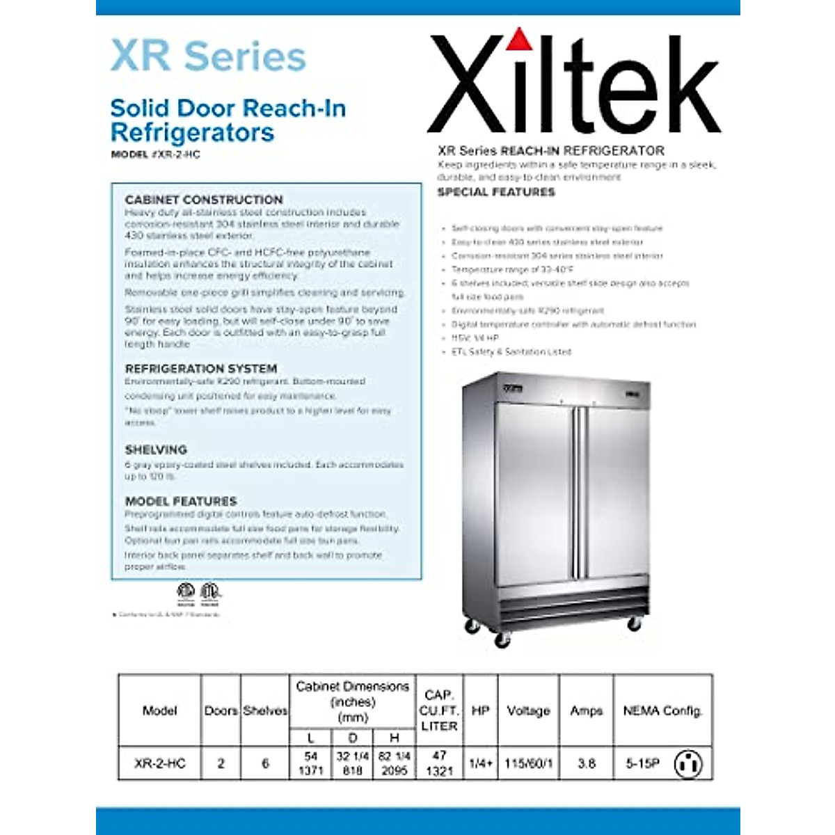 Xiltek New 54" Commercial Reach-In All Stainless Steel Full Refrigerator Cooler 47 cu. Ft.